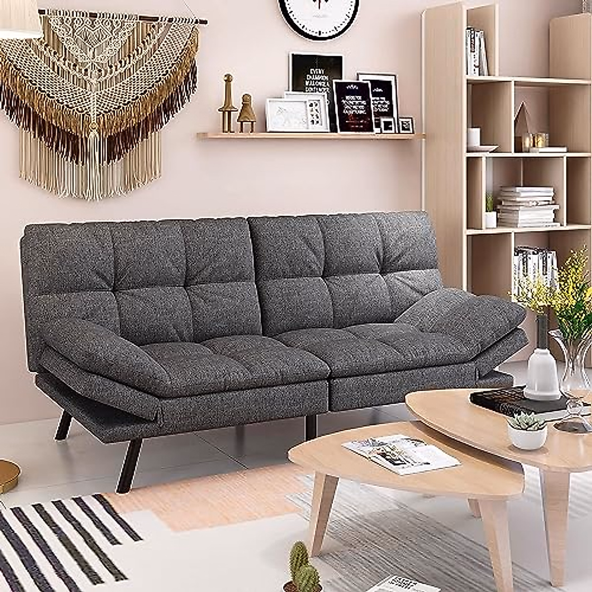 wOod-it Futon Sofa Bed, Memory Foam Foldable Couch Convertible Loveseat Sleeper Daybed with Adjustable Armrests for Small Space, Compact Living Room, Studio, Office, Apartment (Dark Gray)