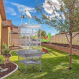 ZENY 61-inch Large Parrot Cockatiel Bird Cages with Wrought Iron Play Top, Aviary with Rolling Stand for Sun Parakeet Quaker Conure Lovebird Budgie Finch African Grey White Birdcage (White)