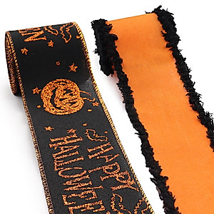 Threetols 2 Rolls 10 Yards Halloween Wired Edge Ribbon, 2.5inch Black Orange Glitter Pumpkin Burlap Ribbon, Orange Velvet Ribbon for Halloween Party DIY Craft Home Wreaths Bow Decor