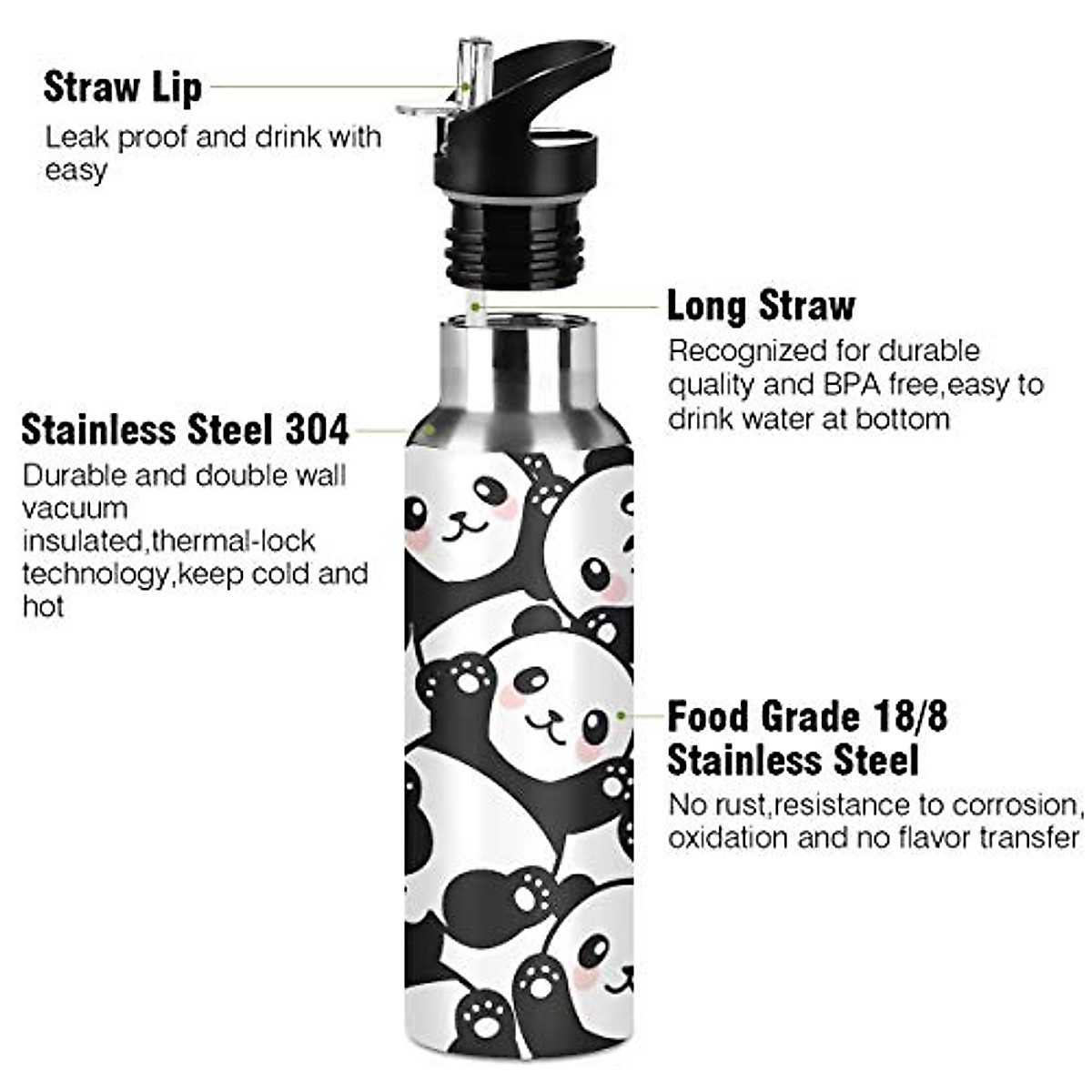 WELLDAY Water Bottle Cartoon Panda Double Wall Vacuum Insulated Flask Stainless Steel with Straw Lid 20oz