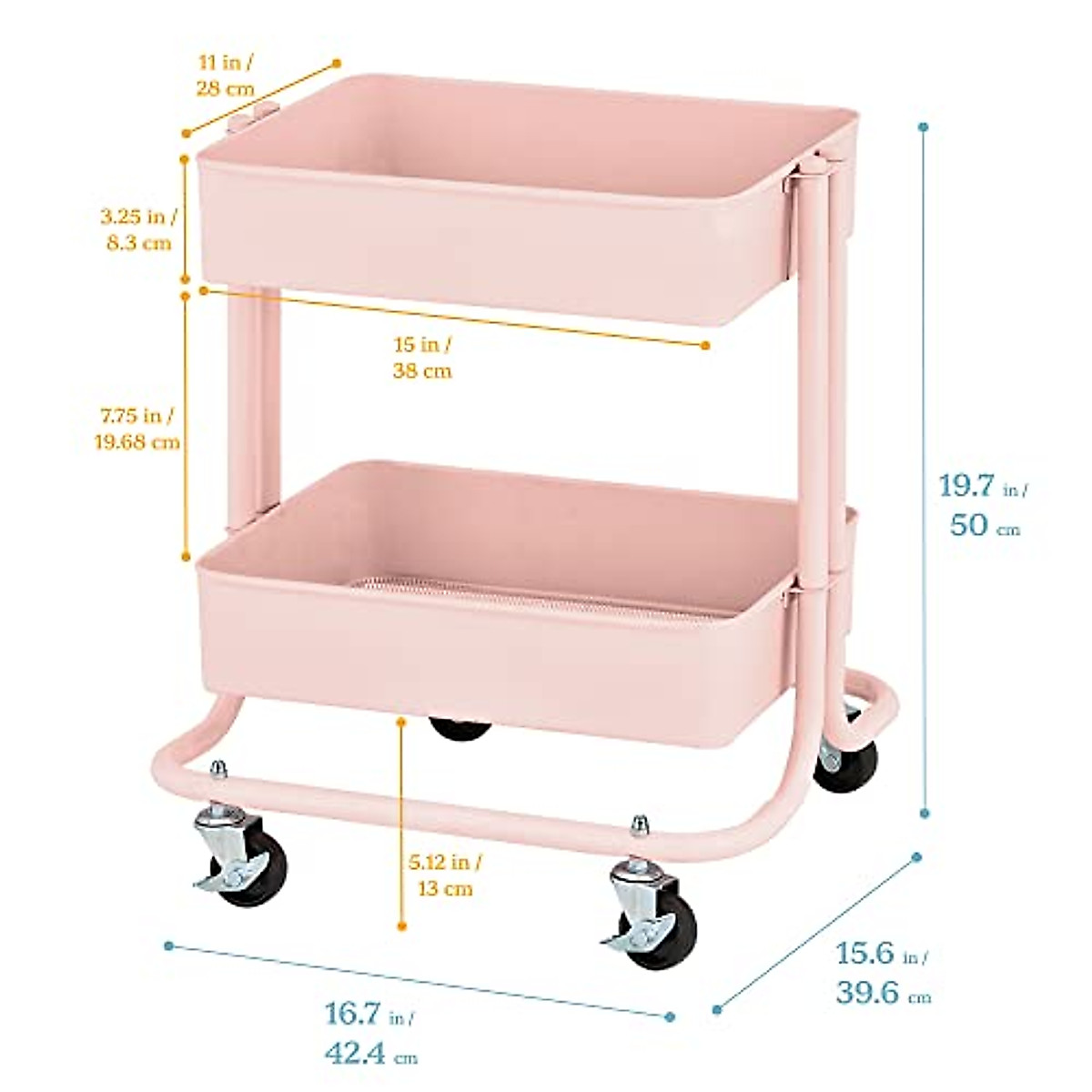 ECR4Kids 2-Tier Rolling Utility Cart, Multipurpose Storage, Pink