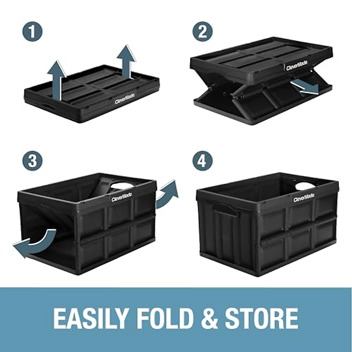 CleverMade Collapsible Storage Bin, Black, 3PK - 46L (12 Gal) Stackable Storage Containers, Holds 66lbs Per Bin - Plastic Storage Bins for Organizing, Closet Storage, Garage Storage