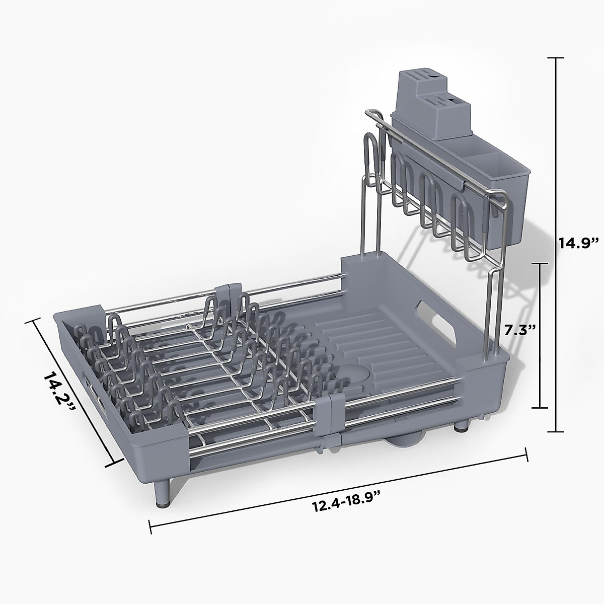 Ollieroo Dish Drying Rack, Rustproof Dish Racks for Kitchen Counter with Removable Utensil Holder,Knife Slots and Cups Holder,Large Capacity Drying Rack for Storage Plates Bowls Cups Utensil(Grey)
