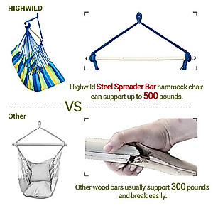 Highwild Hammock Chair Hanging Rope Swing - Max 500 Lbs - Steel Spreader Bar with Anti-Slip Rings - for Any Indoor or Outdoor Spaces (Blue Striped)