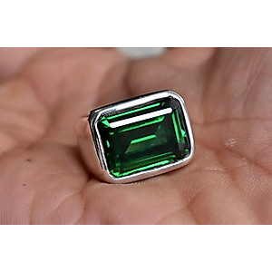 Green Emerald Ring for Men and Women Signet Emerald Cut Gemstone Sterling Silver Band Gift Rings All US Rings Size (8)