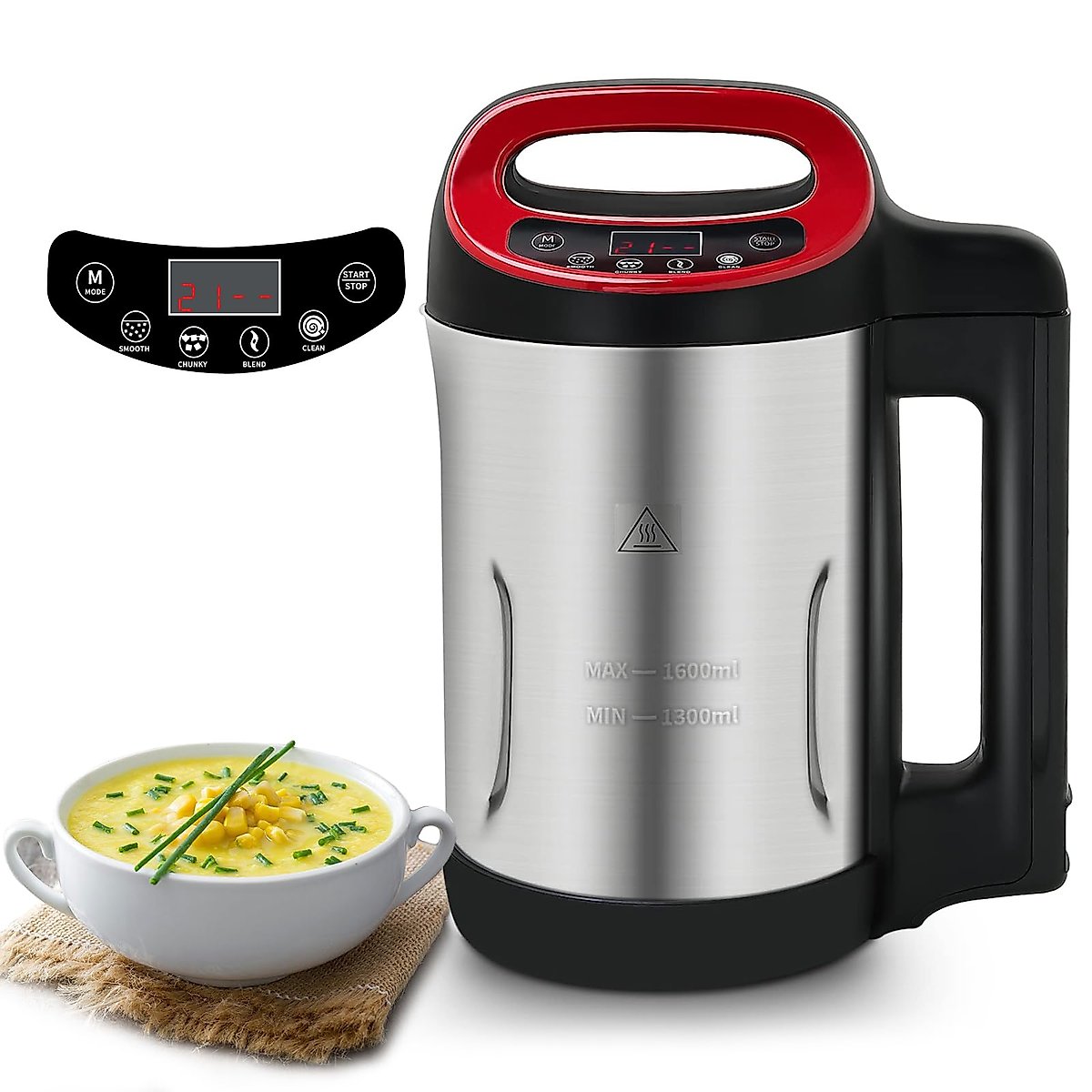Potlimepan Soup Maker 1.6 L, 6 in 1 Multi-Funcation Soup and Smoothie Maker with Smart Control Panel, Stainless Steel Hot Soup Maker Electric, Makes 2-5 Servings Smart Living for Home Use Red