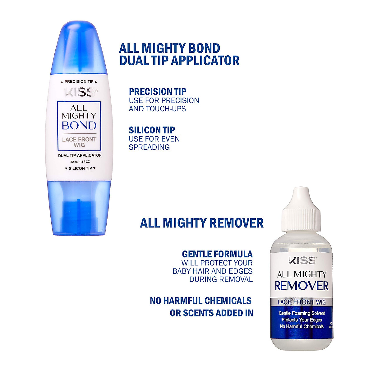 Red by Kiss All Mighty Bond Lace Front Wig Glue & Remover Set, Dual Tip Applicator, Instant Dry, Water Resistant, Strong Hold for Wigs, Frontals, Toupees, Safe for Sensitive Skin, Front Wig Remover