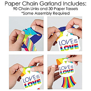 Big Dot of Happiness Love is Love - Gay Pride - 90 Chain Links and 30 Paper Tassels Decoration Kit - LGBTQ Rainbow Party Paper Chains Garland - 21 feet