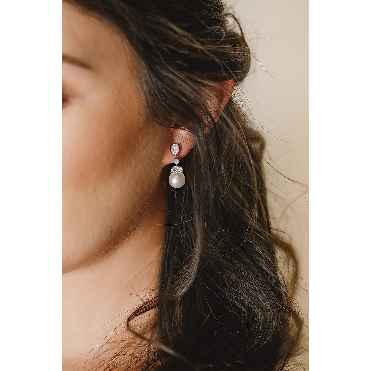 SWEETV Cubic Zirconia Pearl Drop Wedding Earrings for Brides, Ivory Camellia Bridal Pearl Earrings for Bridesmaid Jewelry Gift