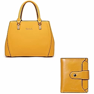 BOSTANTEN Women Leather Handbag Designer Top Handle Satchel Shoulder Bag Crossbody Purse Yellow and Women Leather Wallet RFID Blocking Small Bifold Zipper Pocket Wallet Card Case Purse with ID Window