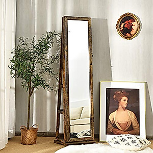 CHARMAID 360° Rotating Jewelry Armoire with Higher Full Length Mirror, Standing Lockable Jewelry Cabinet Organizer, Large Storage Capacity, Inside Makeup Mirror, Rear Storage Shelves (Rustic Brown)