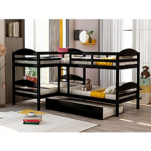 Bellemave Quad Bunk Bed with Trundle L-Shape Bunk Bed Twin Over Twin Corner Bunk Bed for 4 or 5 Kids Boys Girls Teens, Espresso