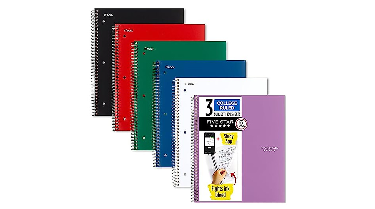 Five Star Spiral Notebooks + Study App 6 Pack | College Ruled, Water ...