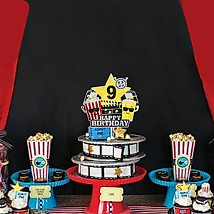 Movie Themed Happy 9th Birthday Cake Topper for Kids - Perfect for a boy or girl's movie-themed birthday party, movie night party, or Hollywood party popcorn movie projector decorations -SugarGera