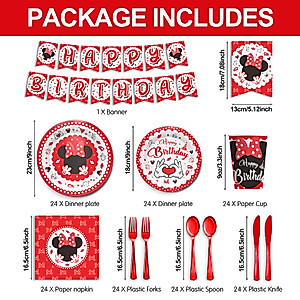 Piooluialy Red Minnie Birthday Party Supplies Tableware - Minnie Themed Party Decorations Include Banner, Dinner Plates, Cups, Napkins, Cutlery, for Minnie Birthday Party Decorations | 24 Guests