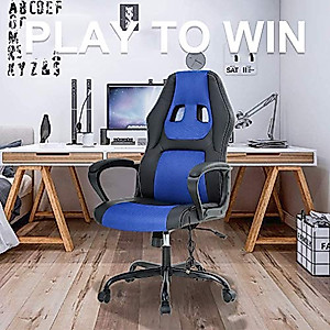 Office Chair Gaming Chair Ergonomic Massage Chair PU Leather Executive Seat with Swivel Base, Massage Lumbar Support, and Padded Armrests (Blue)