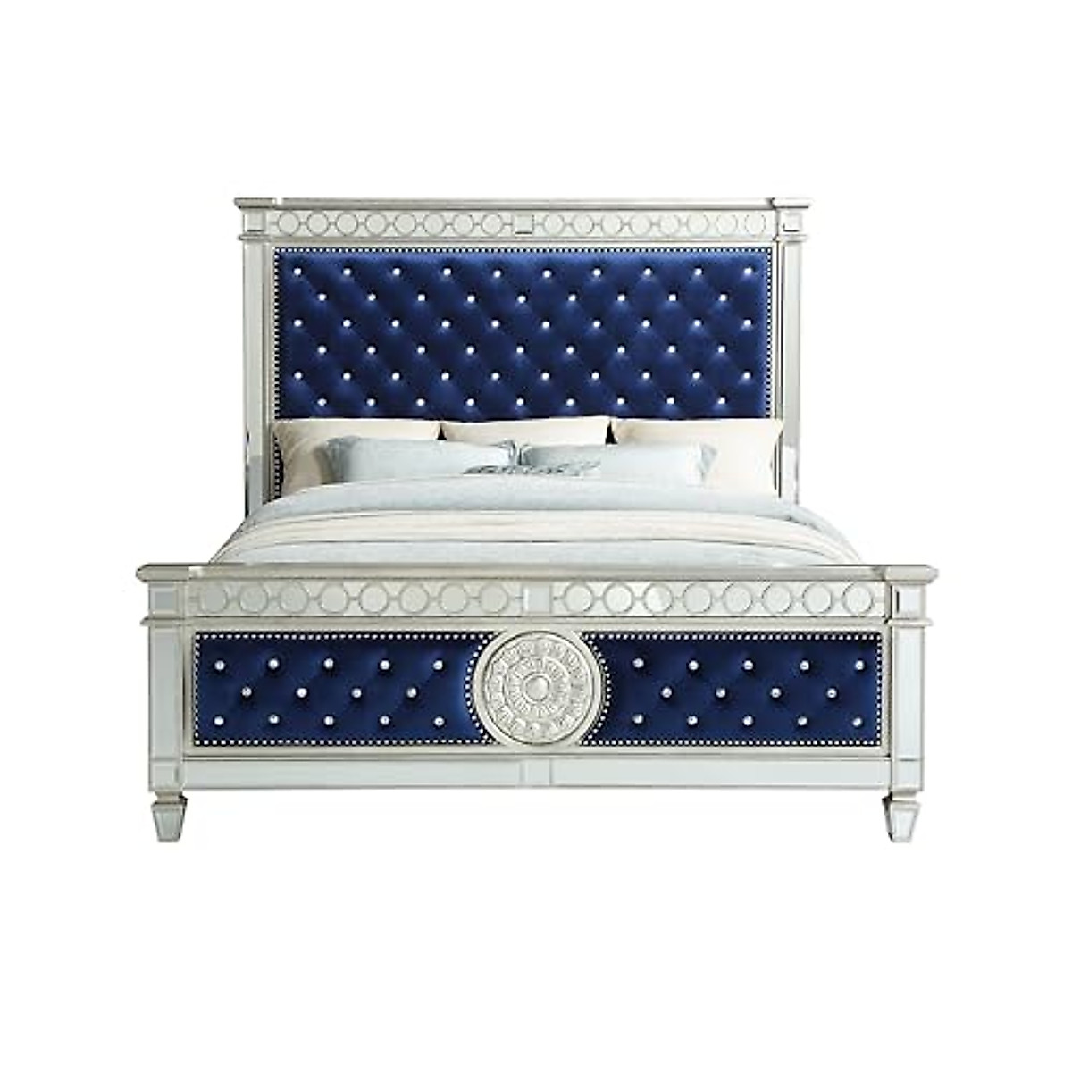 Acme Varian Queen Upholstered Panel Bed in Blue Velvet and Mirrored