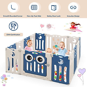 Costzon Foldable Baby Playpen, 14-Panel Baby Fence with Lock Door, Rubber Pads & Anti-Slip Rubber Bases, Indoor Outdoor Safety Baby Fence with Adjustable Shape for Toddlers (14-Panel, Blue)