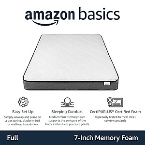 Amazon Basics Premium Memory Foam Mattress, CertiPUR-US® Certified Foam, Medium, 7-inch, Full, White & Gray