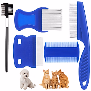 Molain 5 Pack Tick Flea Comb, Stainless Steel Dog Cat Grooming Combs with Rounded Teeth, Flea Brush for Cats Lice combs, Thick Hair Pet Tear Stain Comb, Fine Tooth Comb Dematting Tool for Dog Cat