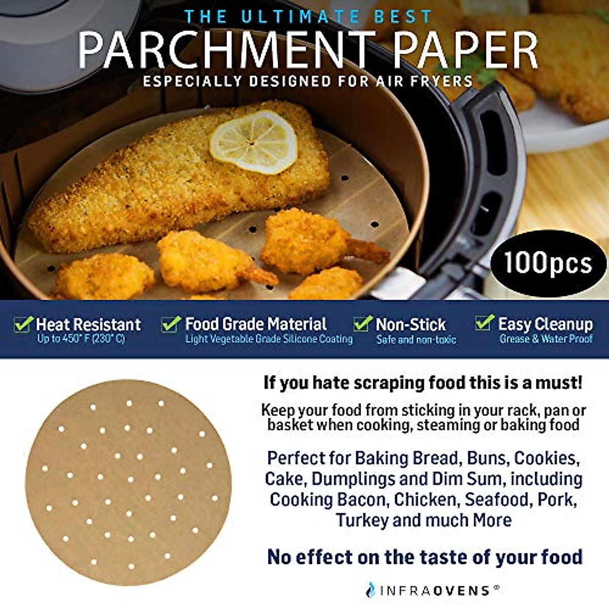 Air Fryer Round Paper Liners Compatible with Ninja, Frenchmay, Habor, Maxi-Matic, Power Airfryer Oven, Zeny +More | Unbleached Parchment Paper Sheets