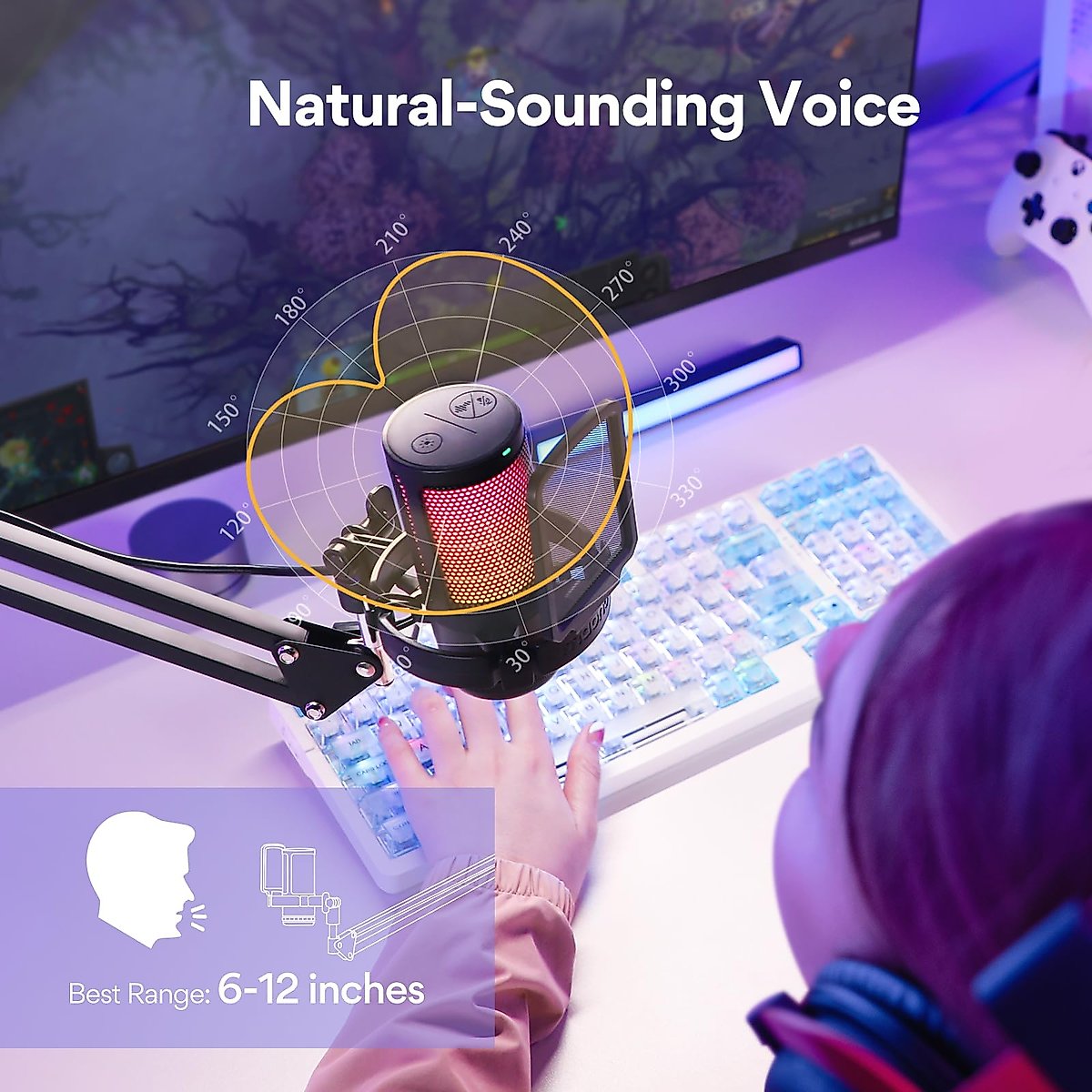 MAONO Gaming USB Microphone, Noise Cancellation Condenser mic with Mute, Gain, Monitoring, Boom Arm for Streaming, Podcast, Twitch, YouTube, Discord, PC, Computer, PS4, PS5, Mac, GamerWave DGM20S