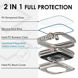 Fullife - Ultra Look - 2 in 1 Compatible with Waterproof Apple Watch Case 44mm Series 6 5 4 SE with Tempered Glass Screen Protector, iWatch 360 Protective Hard PC Bumper for Men Women, 44mm Titanium