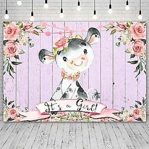 ABLIN 8x6ft Holy Cow Baby Shower Backdrop for Girl It's a Girl Baby Shower Decorations Pink Flowers Rustic Wood Photography Background Girl Baby Shower Party Supplies Props