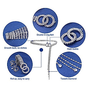 Lovful Women's Dress Belts with Rose Gold Rhinestone,Double O-Ring Sparkle Chain Waistband Belt,Silver,45 inches