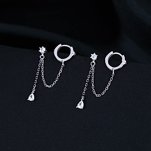 SLUYNZ 925 Sterling Silver Double Piercing Earrings Huggie Cuff Droplet Chain for Women Teens Double Holes Dangle Earrings Cartilage Helix Piercing Earrings Chain (A-Silver)