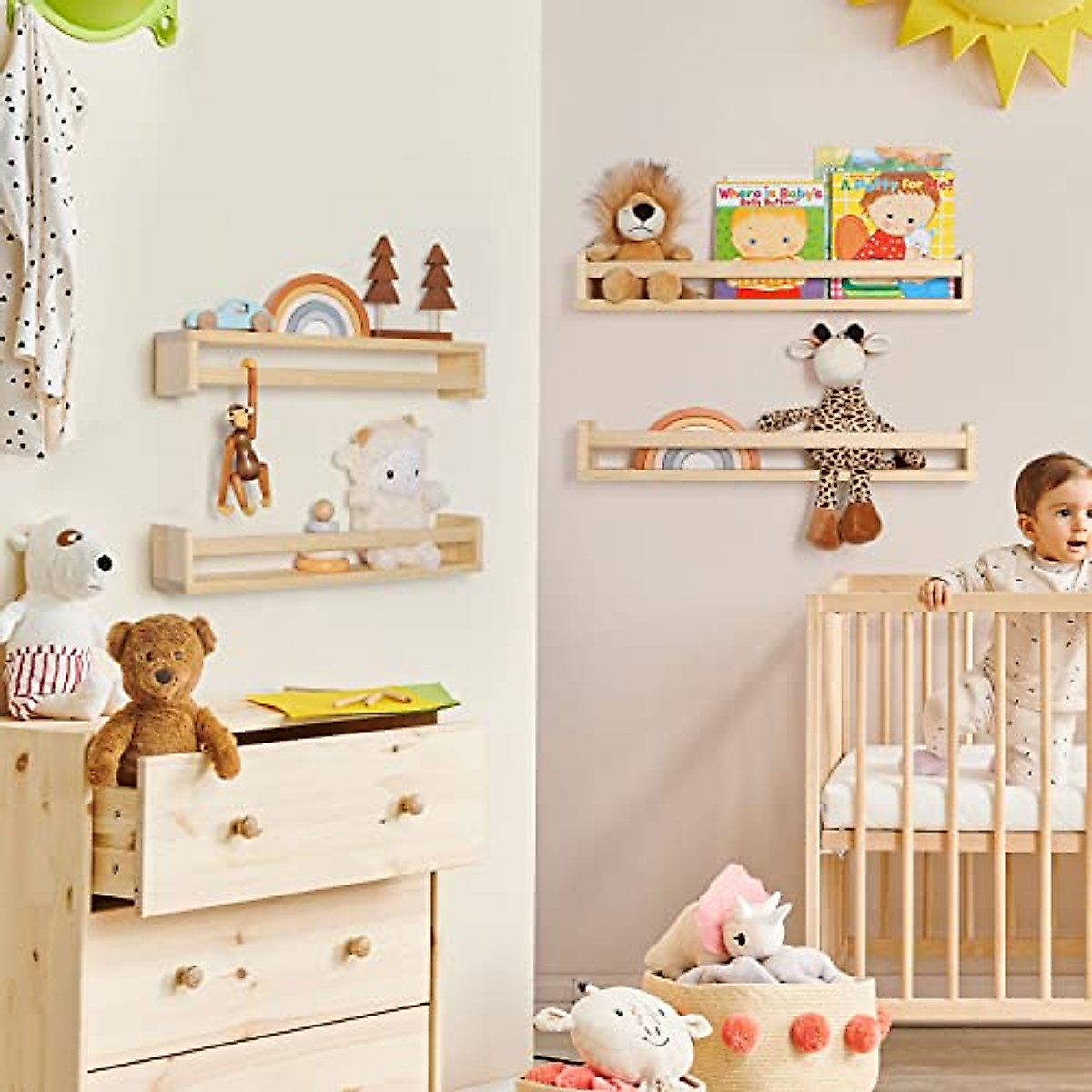 Fun Memories Nursery Book Shelves Set of 2 - Rustic Natural Solid Wood Floating Bookshelf for Kids - Wall Book Shelves Kitchen Spice Rack for Kids Room, Home Decor - Natural Wood - 24 Inch