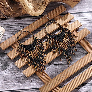 DoreenBow Long Beaded Tassel Black Earrings Boho Hoop Beaded Dangle Earrings Handmade Seed Bead Earrings Black and Gold Fringe Drop Earrings for Women and Girls