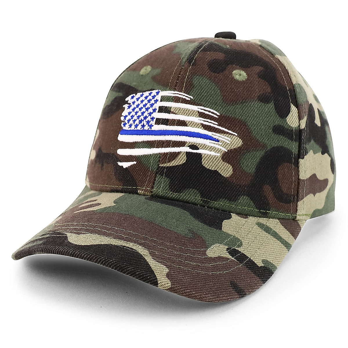 Trendy Apparel Shop Thin Blue Line Waving USA Flag WE SUPPORT Baseball Cap - Camo