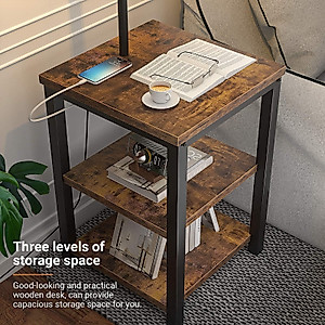 AntLux LED Floor Lamp with End Table - USB Charging Port, Power Outlet, Bedside Table with Shelves, Rustic Night Stand with Industrial Floor Light for Living Room, Bedroom, Guest Room, Edison Bulb