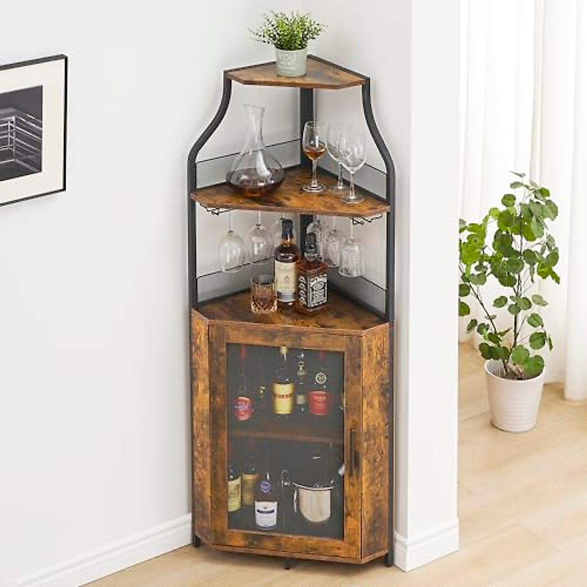 Amyove Corner Wine Bar Cabinet with Detachable Wine Rack, Industrial Wine Cabinet with Glass Holder, Small Sideboard and Liquor Coffee Bar Cabinet with Mesh Door, ‎Retro Brown