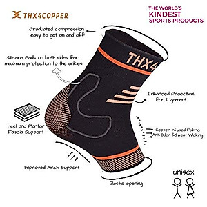 THX4COPPER Infused Compression Ankle Brace,Silicone Ankle Sleeve Support,Pain Relief from Plantar Fasciitis, Achilles Tendonitis-Reduce Foot Swelling&Prevent Ankle Injuries-Single-Small