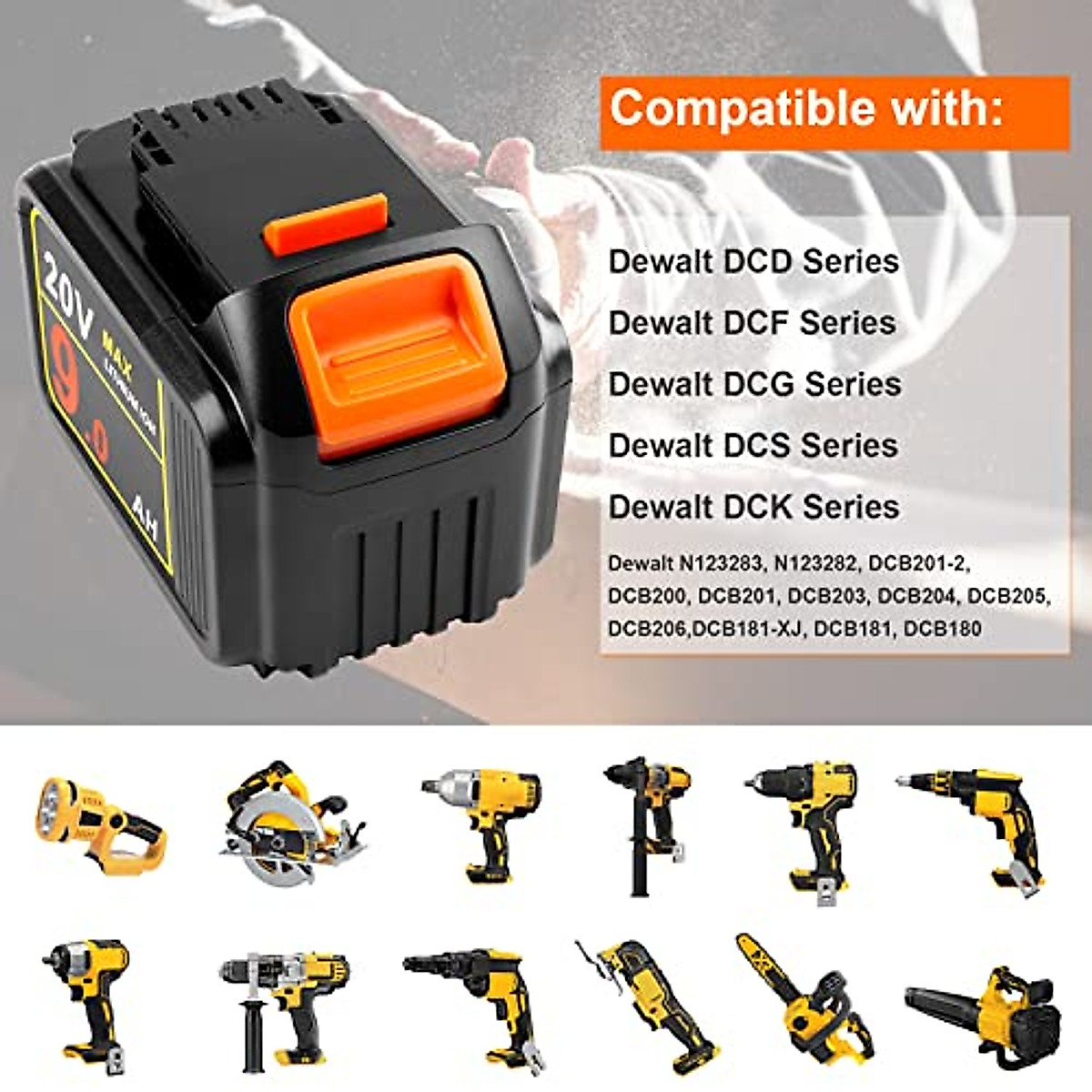 TREE.NB DCB209 20V 9000mAh Battery Replacement for Dewalt N123283 DCB201-2 DCB200 DCB203 DCB204 DCB206 DCB181-XJ DCB181 DCB180 20V DCF/DCD/DCG/DCS Series Cordless Tools with LED Indicator