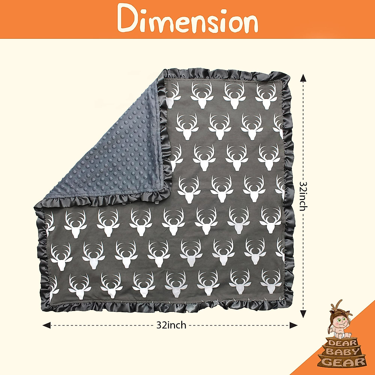 Dear Baby Gear Deluxe Double Layer Baby Blanket - Gender Neutral Infant Blankets for Girls & Boys - Nursery Blanket for Newborn - Faux Quilt Soft Toddler Blankets - Antlers Grey with Ruffles