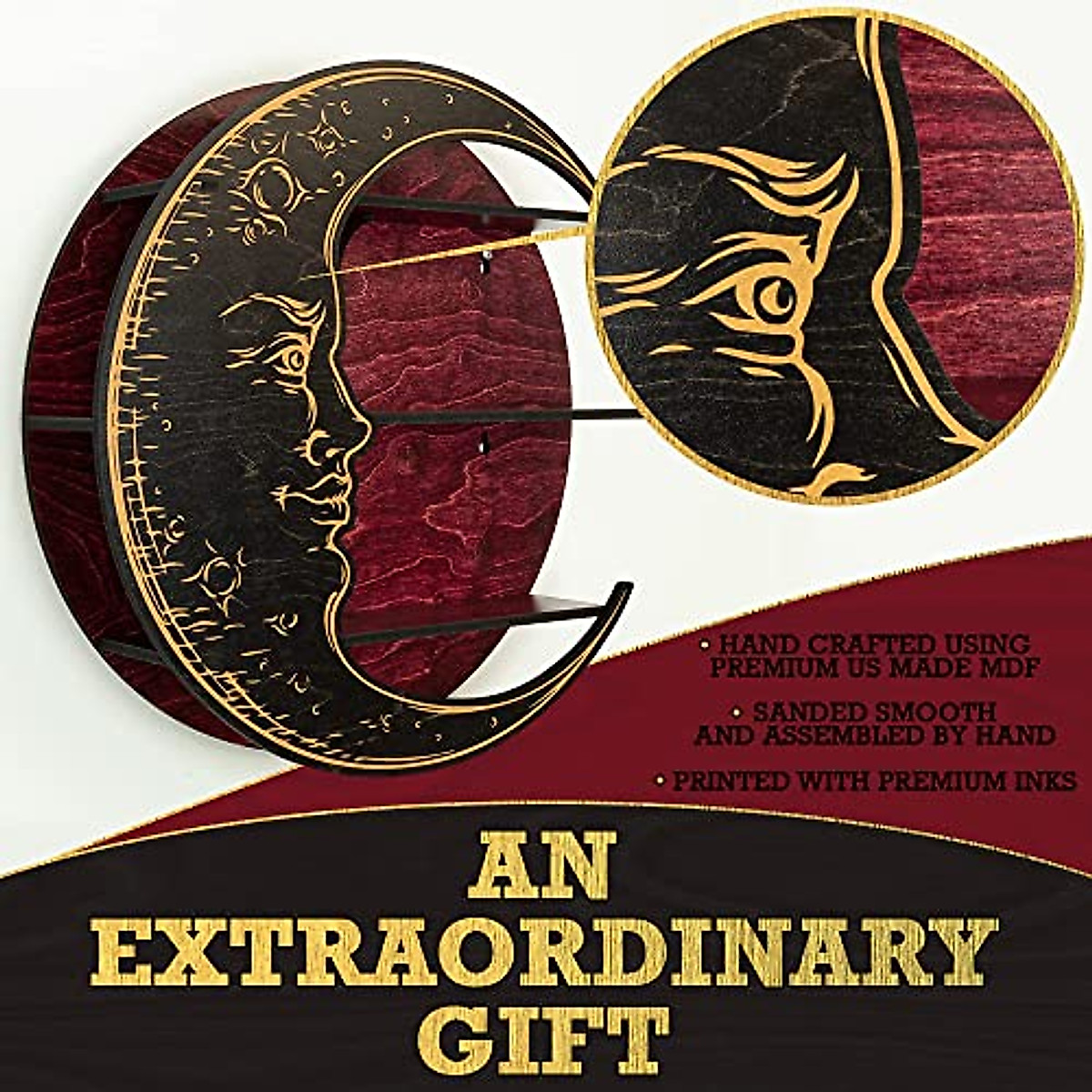 Standish House 10-Inch Handmade Moon Shelf for Stones and Crystal Display - Handcrafted Wood Accent Shelf - Crescent Moon Phase Wall Decor - Enchanting Crystal Display Shelf - Boho Home Decor