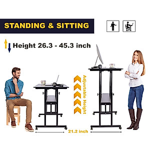 AIZ Mobile Standing Desk, Adjustable Computer Desk Rolling Laptop Cart on Wheels Home Office Computer Workstation, Portable Laptop Stand Tall Table for Standing or Sitting, Black 31.5" x 19.7"