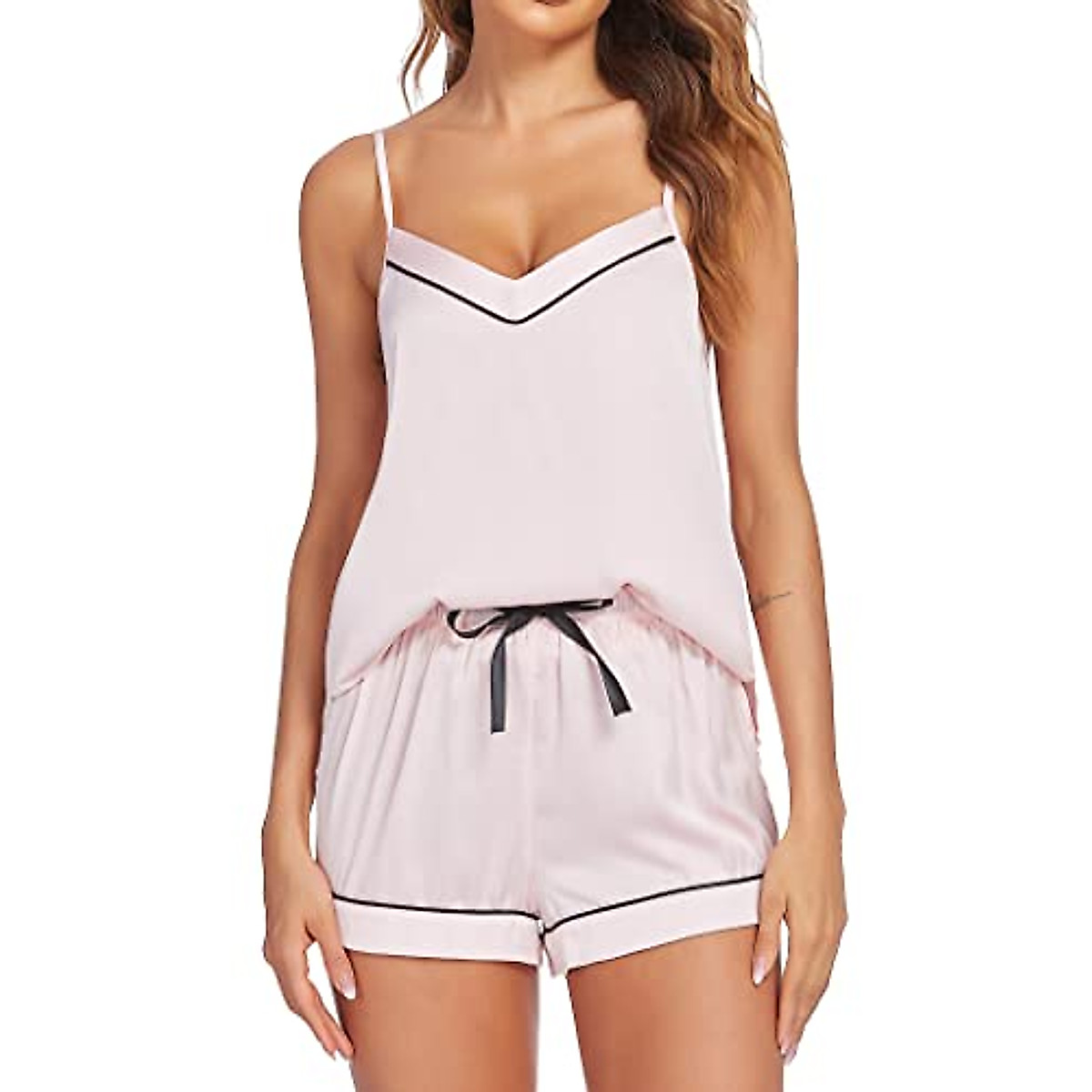 Ekouaer Lounge Set Women's Silk Soft Sleepwear Two Piece Pajamas Satin Cami Shorts Pj Set Bride Bachelorette Gifts (Pink,L)
