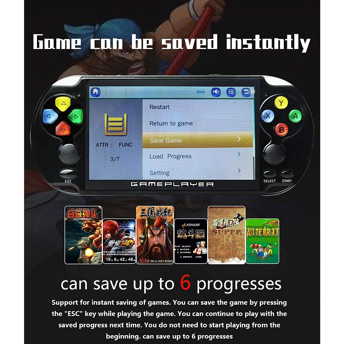 CZT 5.1-inch multi-function video game console color crystal buttons built-in 9600 games MP3MP4 lithium battery game archive AV OUT DV/DC hand-held gaming device (Black)