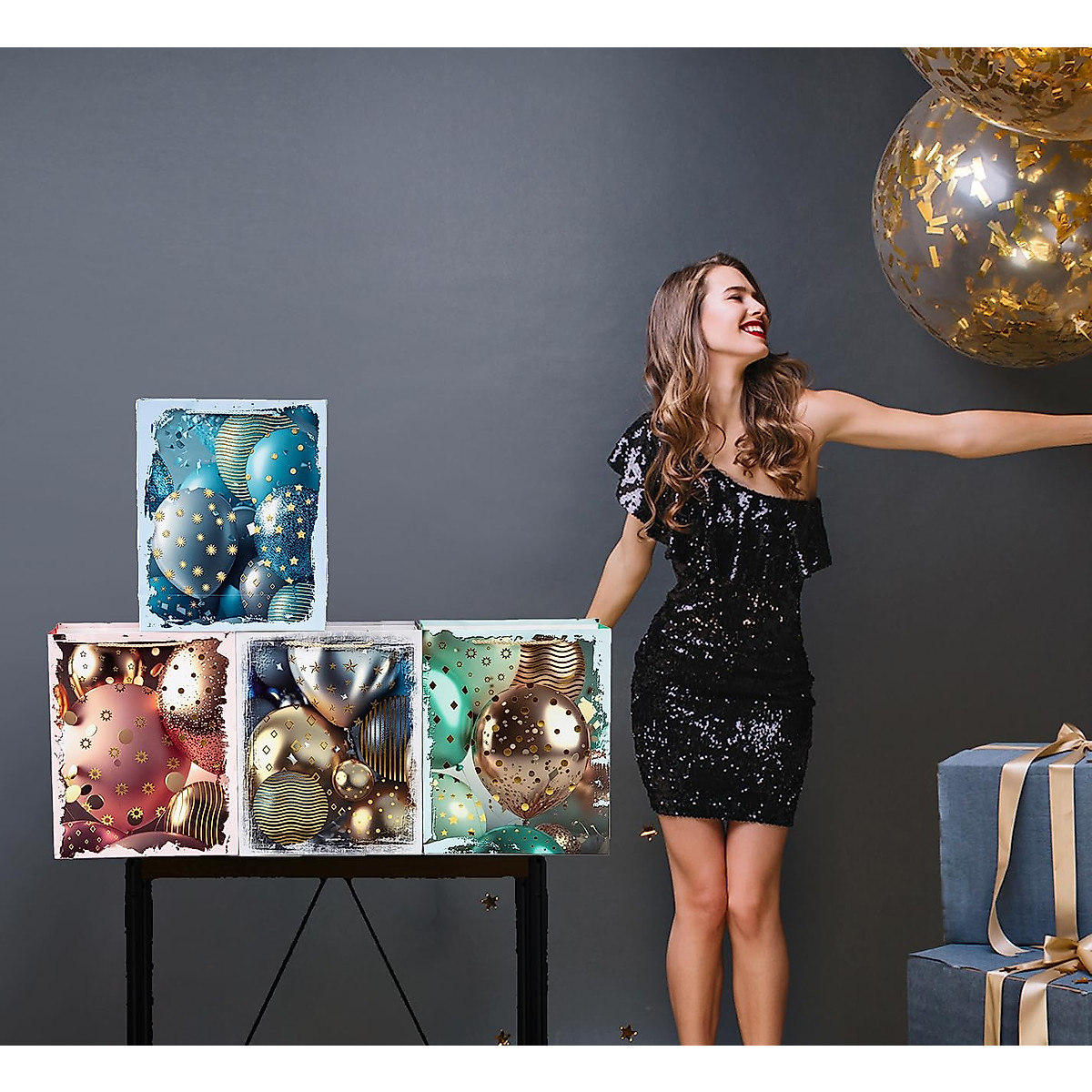 Fizzy and Folly, Large Gift Bags with Handles - Pack of 12, Balloons Party Favor Bags | Gold Foil Print Reusable Gift Bag for Anniversary | Goodie Bags | Gift Bags Bulk Return Gifts for Birthday Party