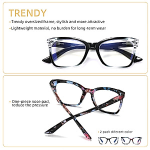 Areyeth 2 Pair Oversized Square Trendy Reading Glasses for Women, Blue Light Blocking Computer Readers with Flexible Spring Hinge(Multicolor + Black, 3.0)