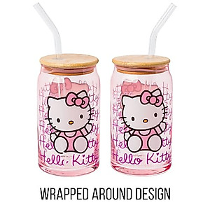 Silver Buffalo Sanrio Hello Kitty Waving Pink Glass Jar Tumbler with Bamboo Lid and Glass Straw, 16 Ounces