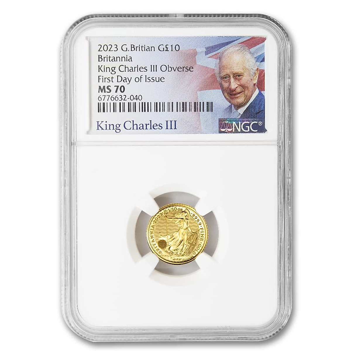 2023 1/10 oz British Gold Britannia Coin (King Charles III) MS-70 (First Day of Issue) by the Royal Mint 24K 10£ NGC MS70