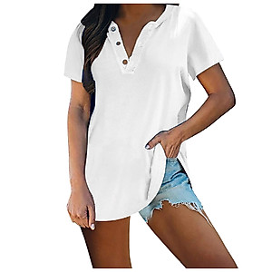 Padaleks Womens Buttons V Neck Tops Shirts Short Sleeve Summer Casual Loose Solid Blouse T-Shirt Workout Top