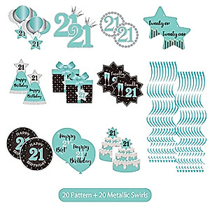 Happy 21st Birthday Party Hanging Swirls Streams Ceiling Decorations, Celebration 21st Foil Hanging Swirls with Cutouts for 21 Years Teal Silver Black Blue Birthday Party Decorations Supplies