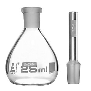 EISCO Pycnometer, Calibrated, 25mL - Specific Gravity Bottle with Flat Bottom & Perforated Stopper - Borosilicate 3.3 Glass