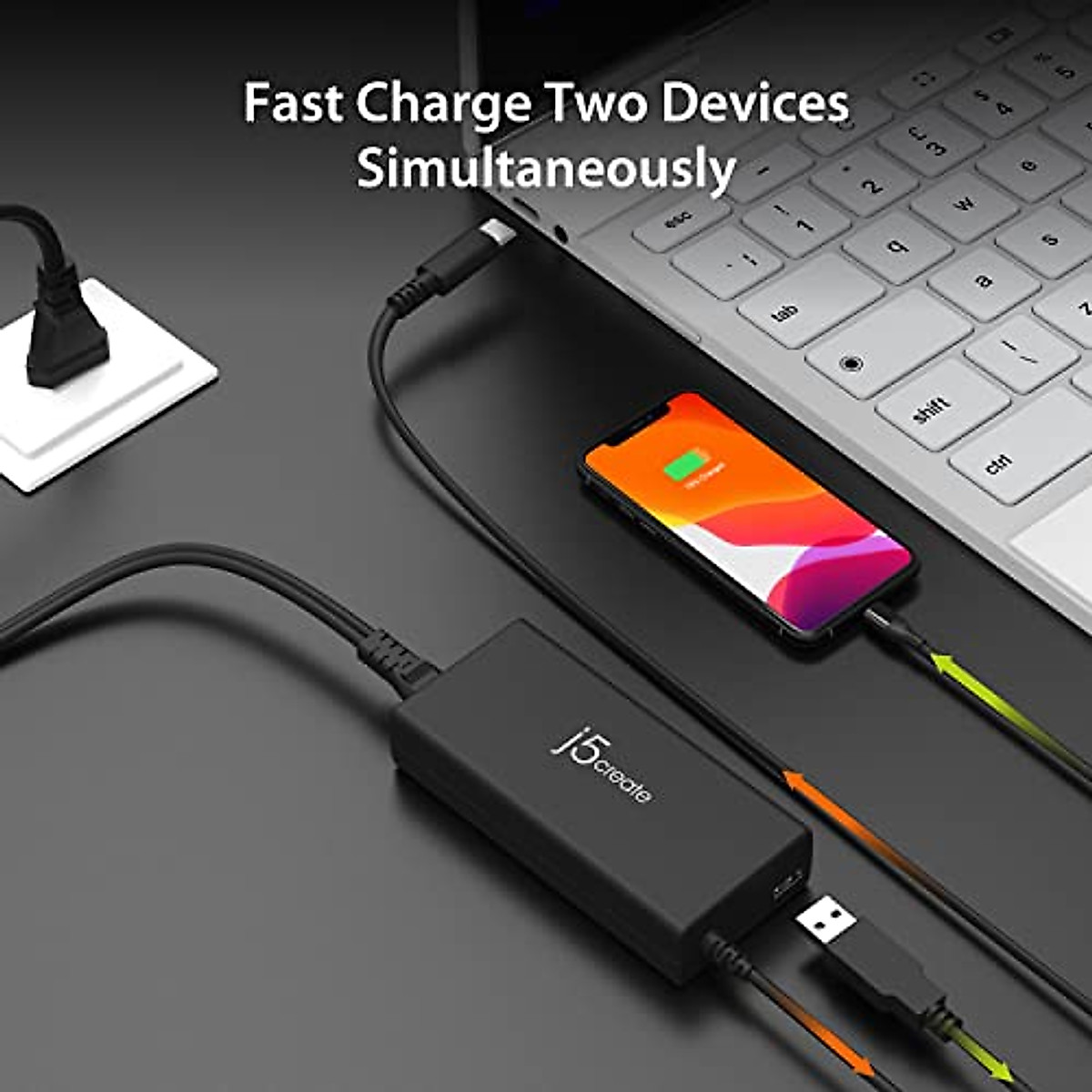 j5create USB Type C Super Charger PD 90W + USB Type A 10W Fast Charging for Chromebook, Laptop, MacBook Pro 13” (JUP2290C)